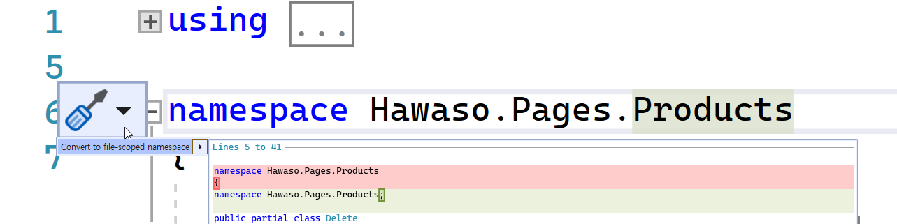 파일 범위 네임스페이스로 변환convert To File Scoped Namespace 메모엔진 6518